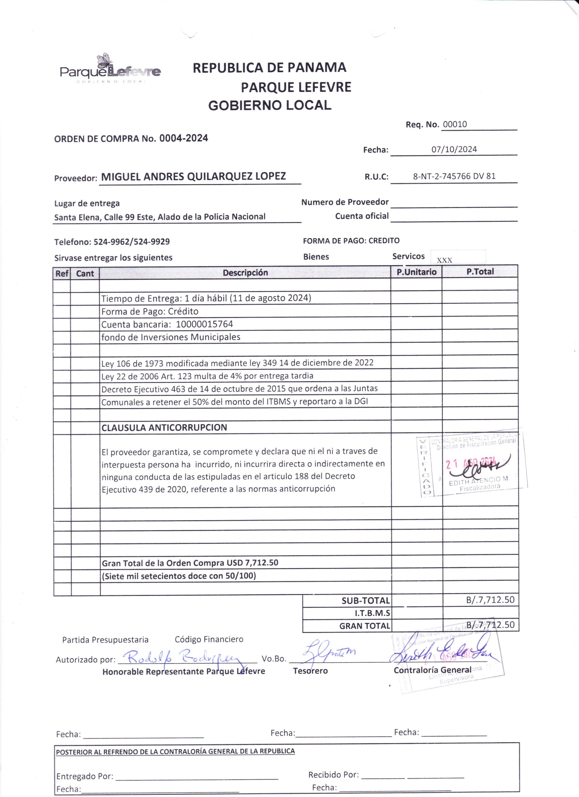 Orden de Compra No. 0004-2024 - Parque Lefevre Gobierno Local